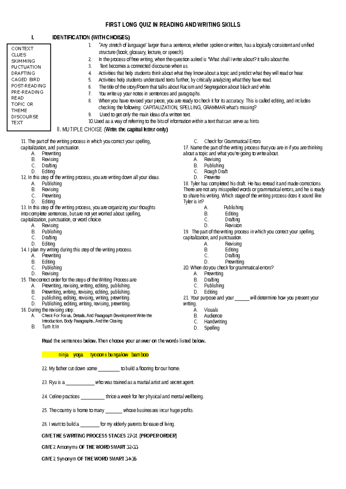 First AND Second LONG QUIZ IN Reading AND Writing Skills - FIRST LONG ...