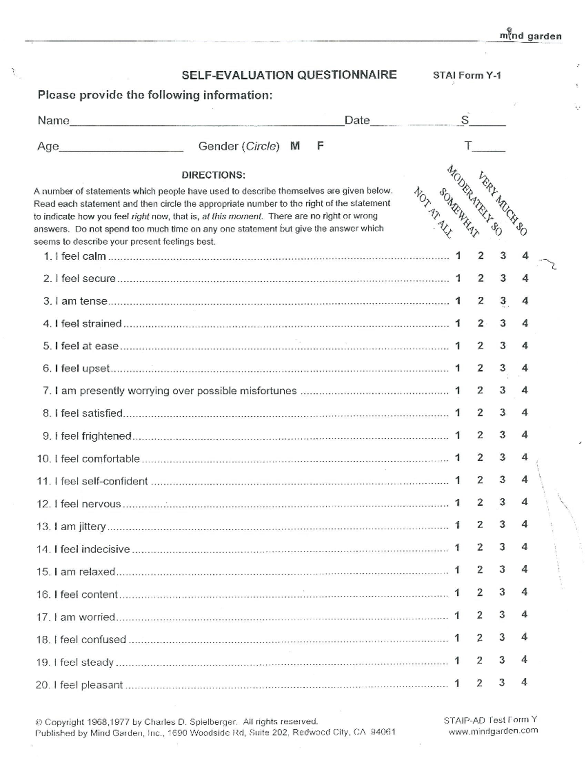 Self Evaluation Questionnaire - mind garden QUESTIONNAIRE STAI Form ...
