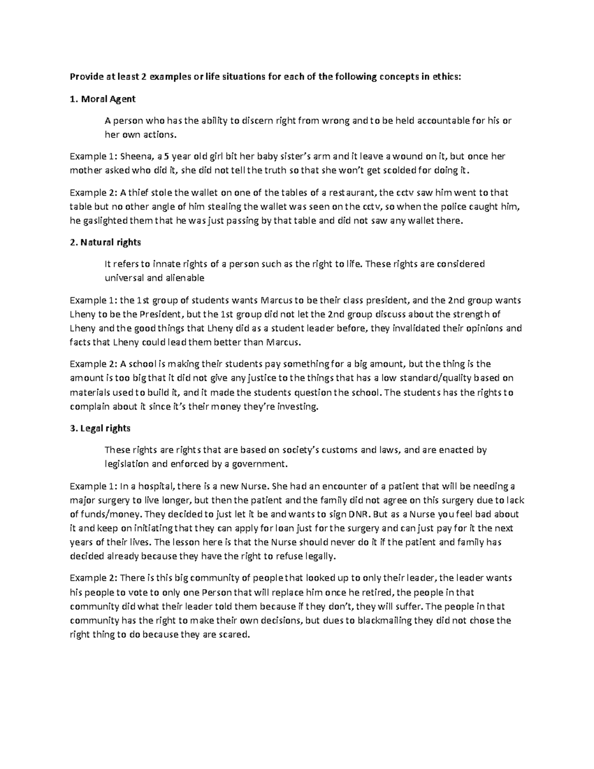 Activity 2 Concepts in Ethics - Provide at least 2 examples or life ...