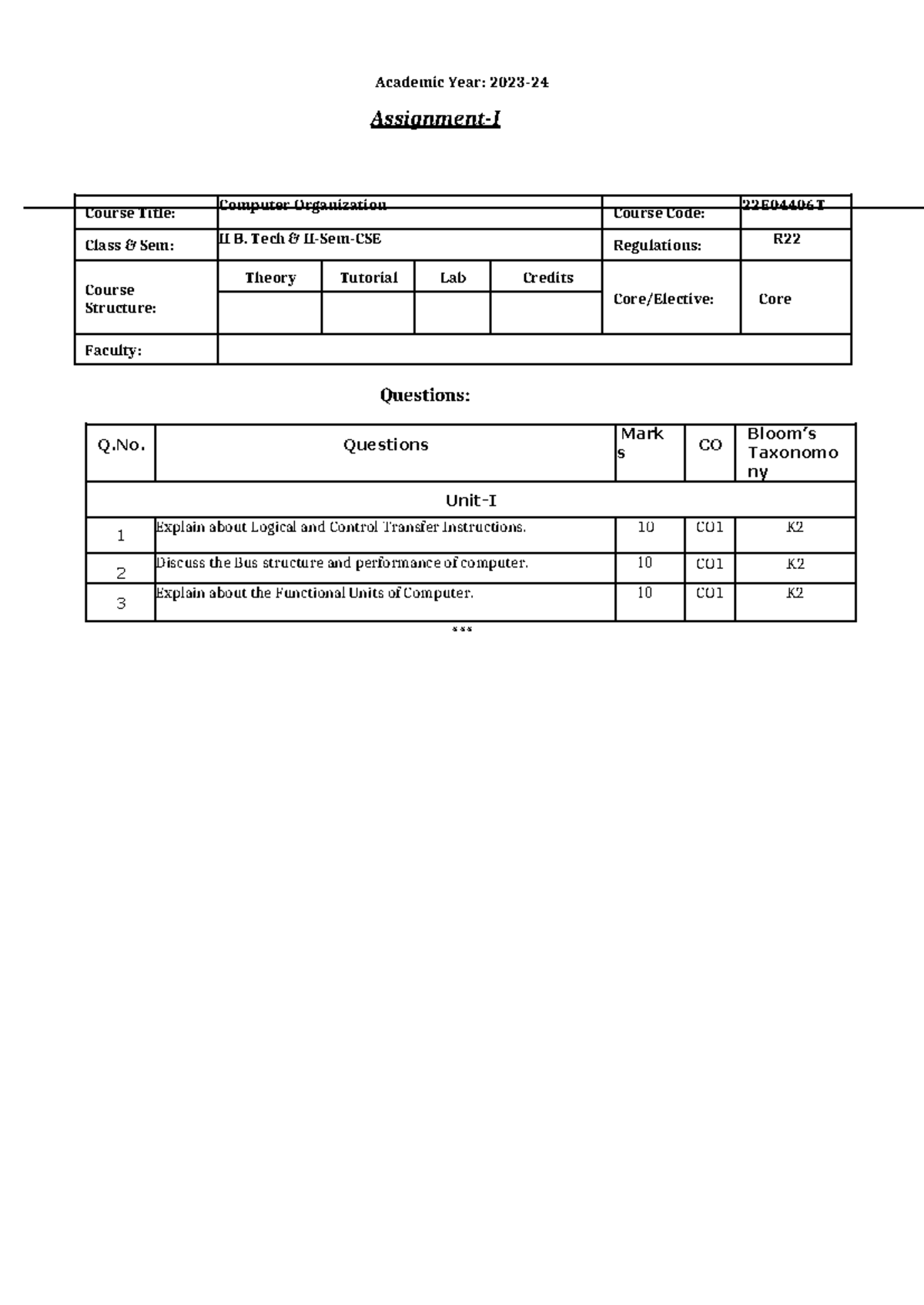 CO-2 - Assignment-2 - Academic Year: 2023- Assignment-I Course Title: Computer Organization ...