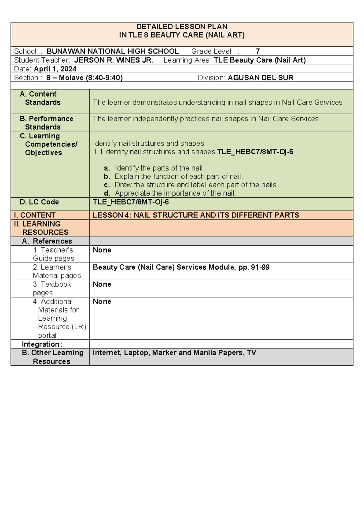 COT-Repaired - none - DETAILED LESSON PLAN IN TLE 8 BEAUTY CARE (NAIL ...