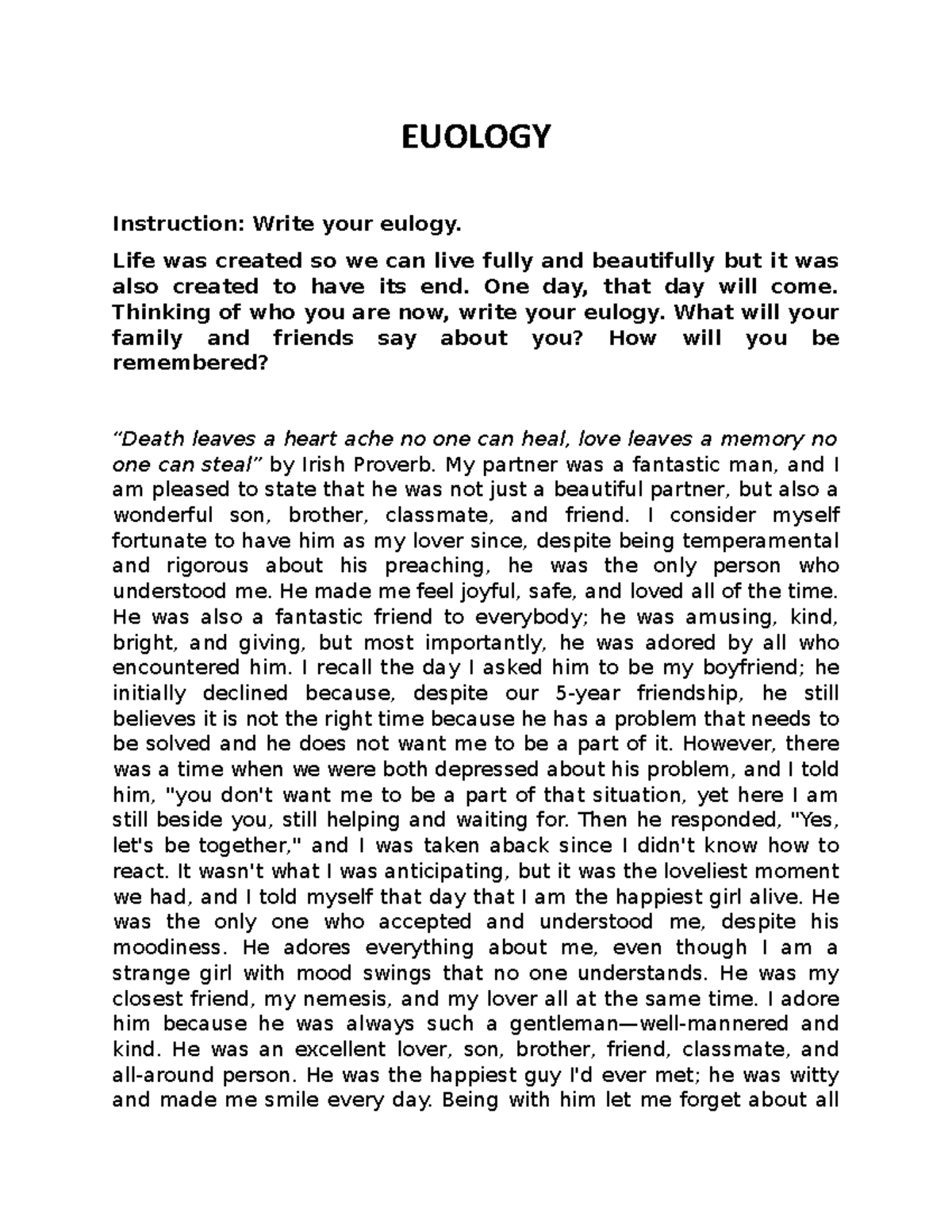 Prefinlas UTS Eulogy - Understanding SELF - EUOLOGY Instruction: Write ...