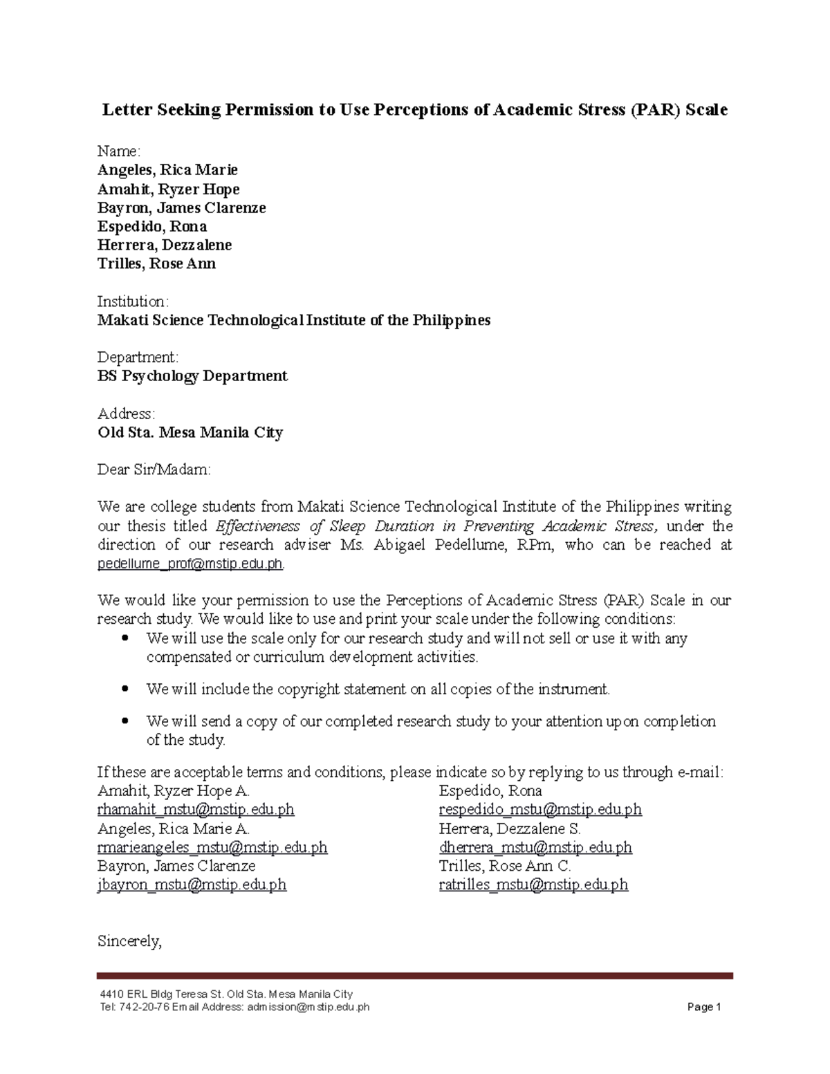 Appendix XI - Letter Seeking Permission to Use Research Instrument ...