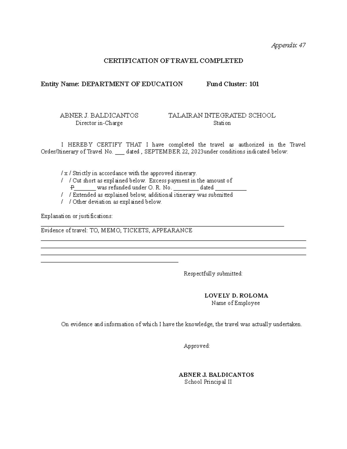 Appendix 47 - notes - CERTIFICATION OF TRAVEL COMPLETED Entity Name ...