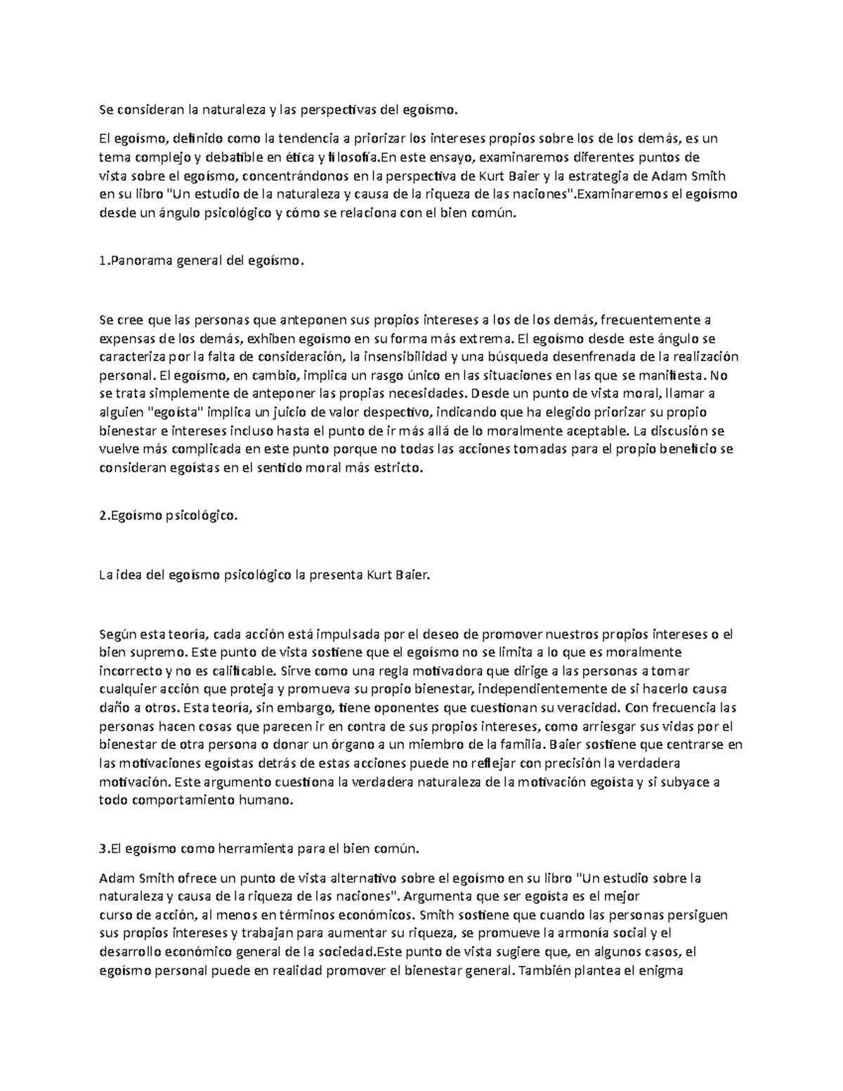 Ensayo Egoismo - VVVVVVVVVV - Se consideran la naturaleza y las ...