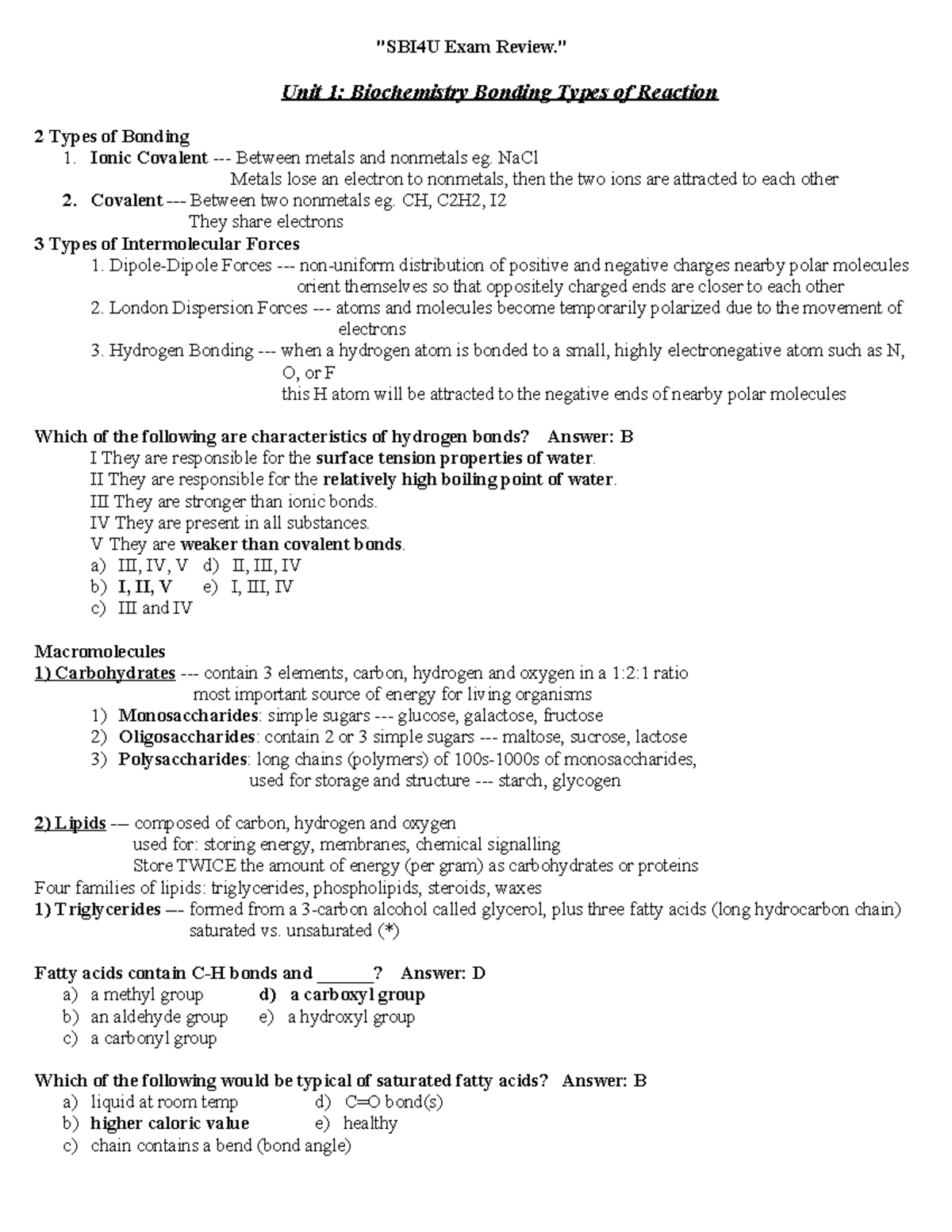 Biology 12 Final summary - "SBI4U Exam Review." Unit 1: Biochemistry ...