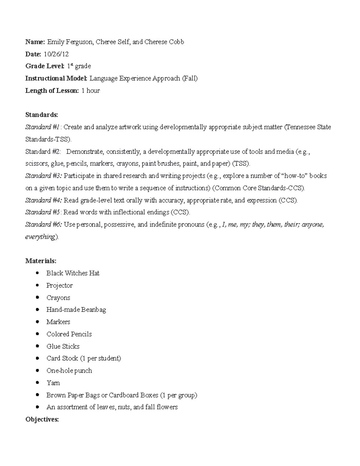 LEA Lesson - Grade Level: 1st grade Instructional Model: Language ...