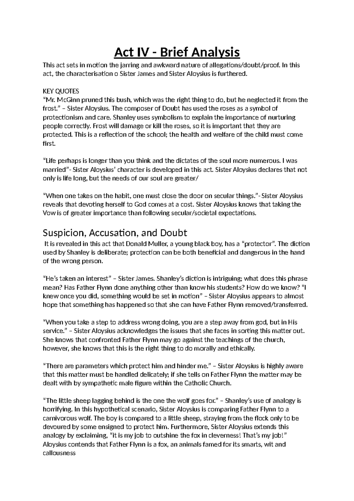 Act IV Doubt - study notes - Act IV - Brief Analysis This act sets in ...