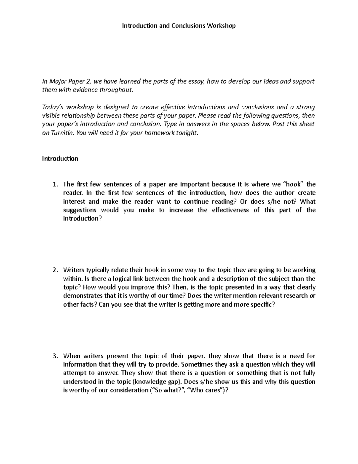 Workshop for intro and conclusion - Introduction and Conclusions ...