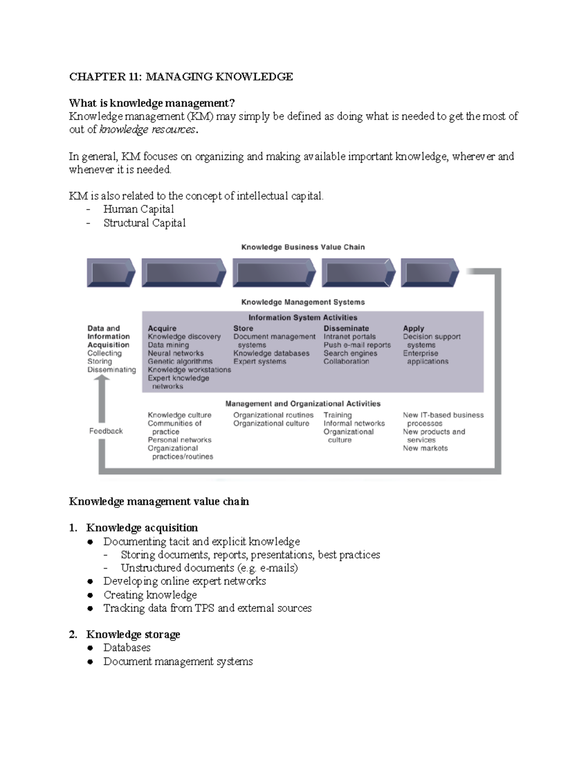 Ch11 summary managing knowledge - CHAPTER 11: MANAGING KNOWLEDGE What ...