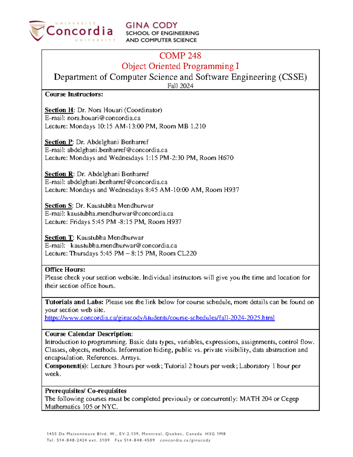 COMP248 F2024 Course Outline - COMP 248 Object Oriented Programming I Department of Computer ...