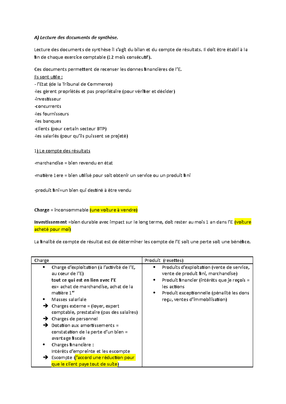 Gestion de finance - A) Lecture des documents de synthèse. Lecture des ...