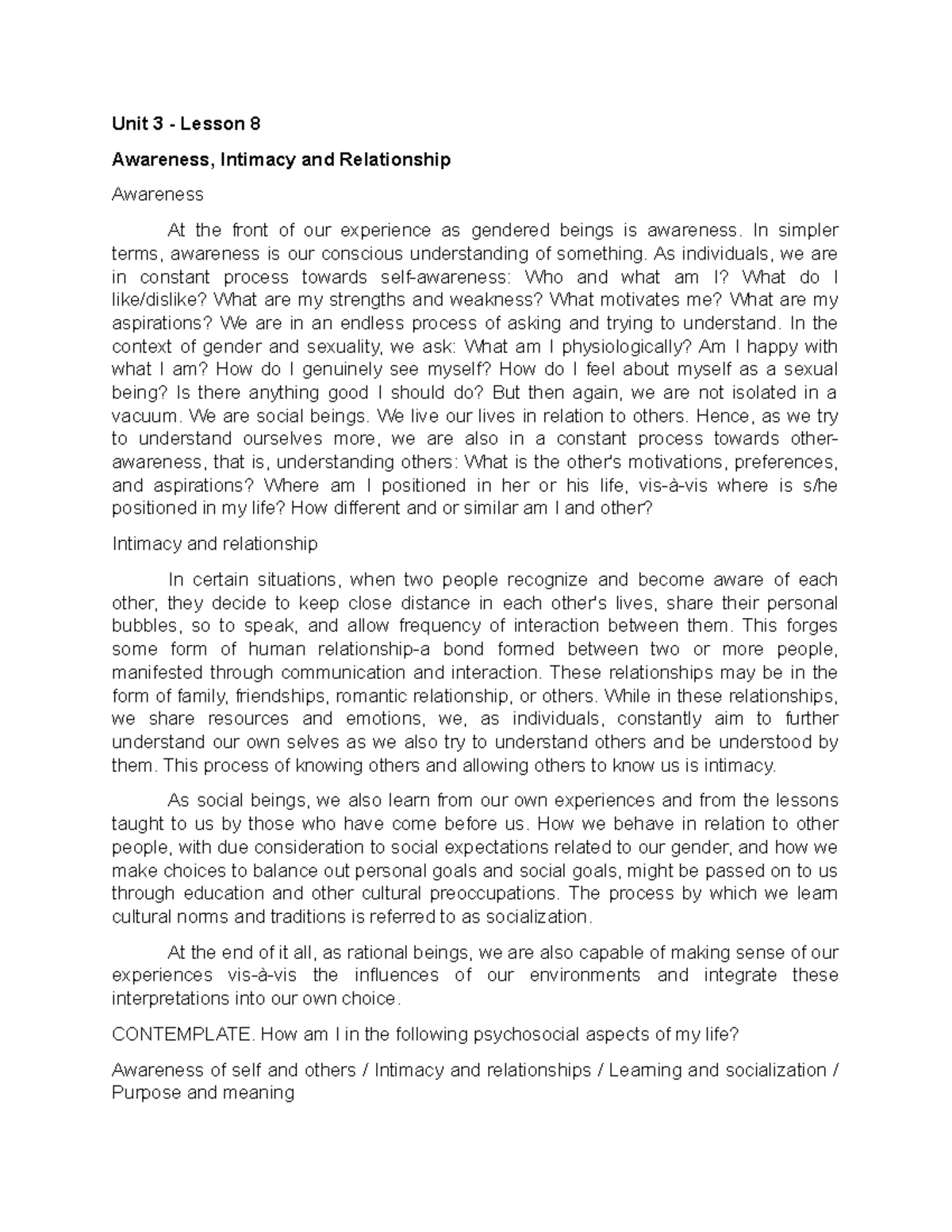 Awareness, Intimacy and Relationship - Unit 3 - Lesson 8 Awareness ...