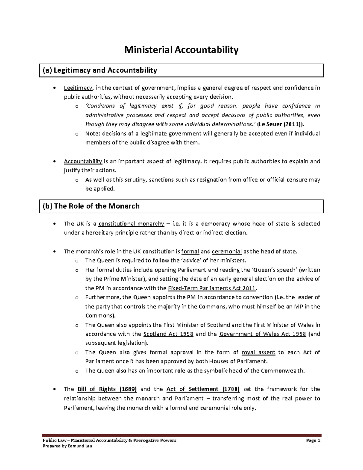 Ministrial Responsibility notes - Public Law – Ministerial ...