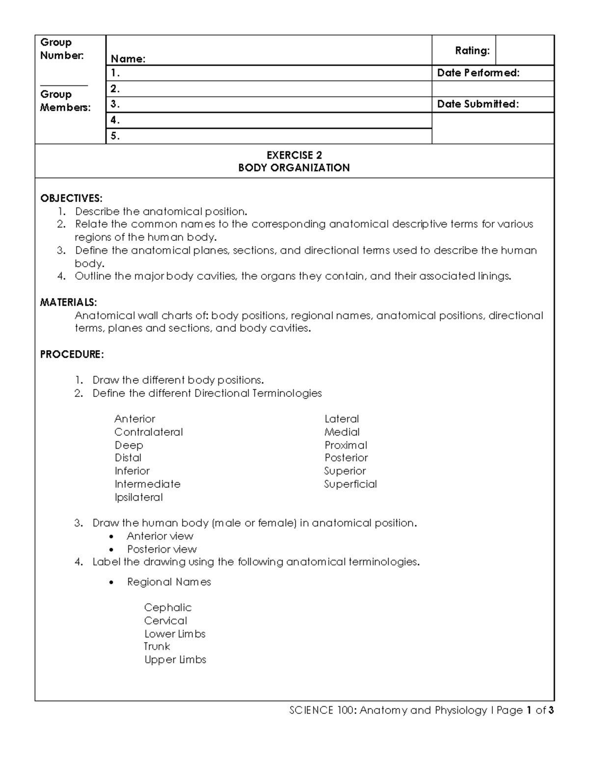 Exercise+2+Body+Organization - SCIENCE 100: Anatomy and Physiology I ...