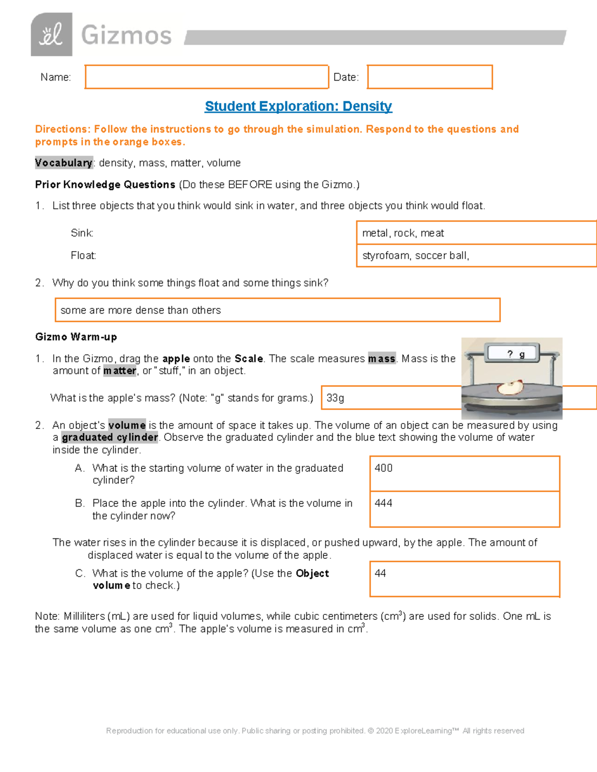 Copy of Density SE - Name: Date: Student Exploration: Density ...