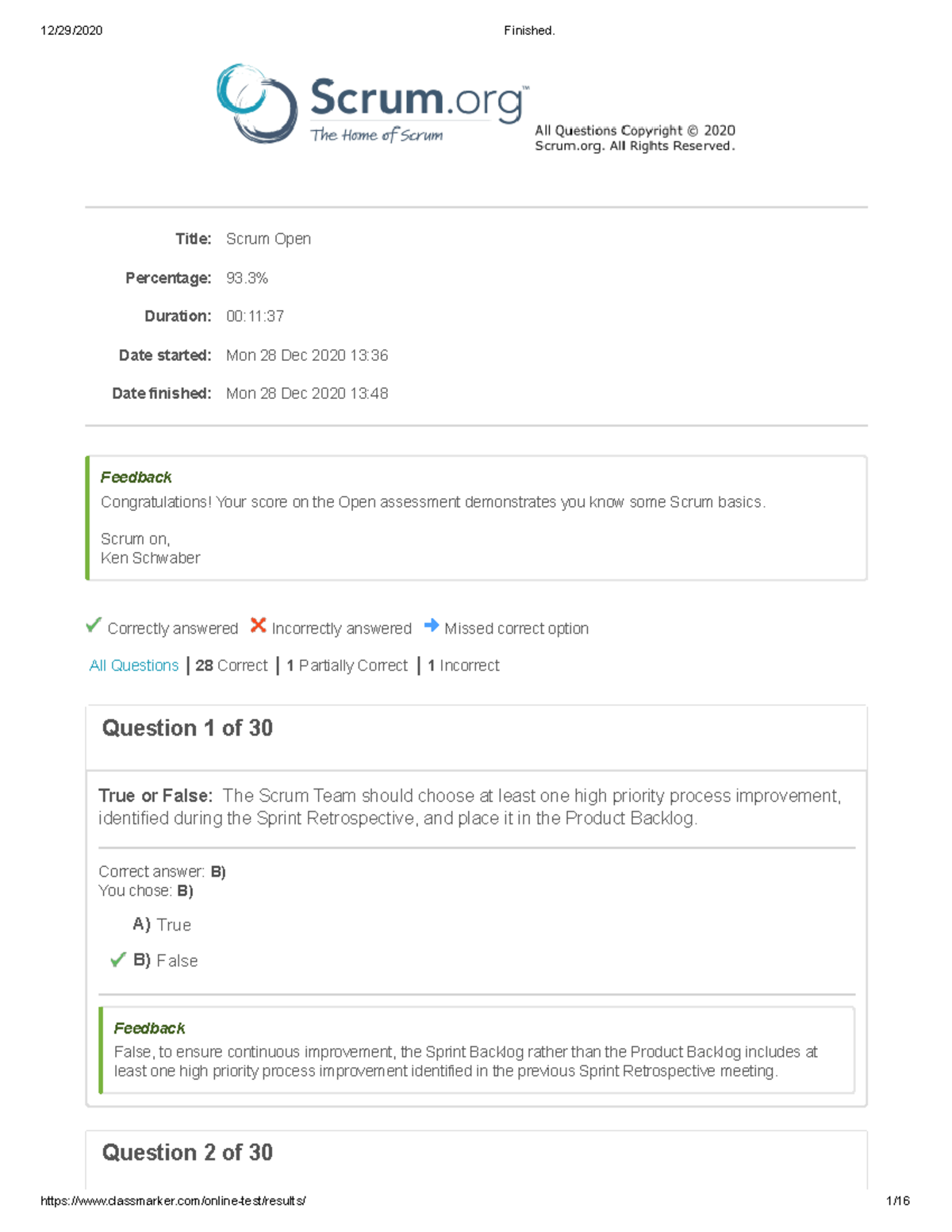Scrum 3 - Correctly answered Incorrectly answered Missed correct option ...