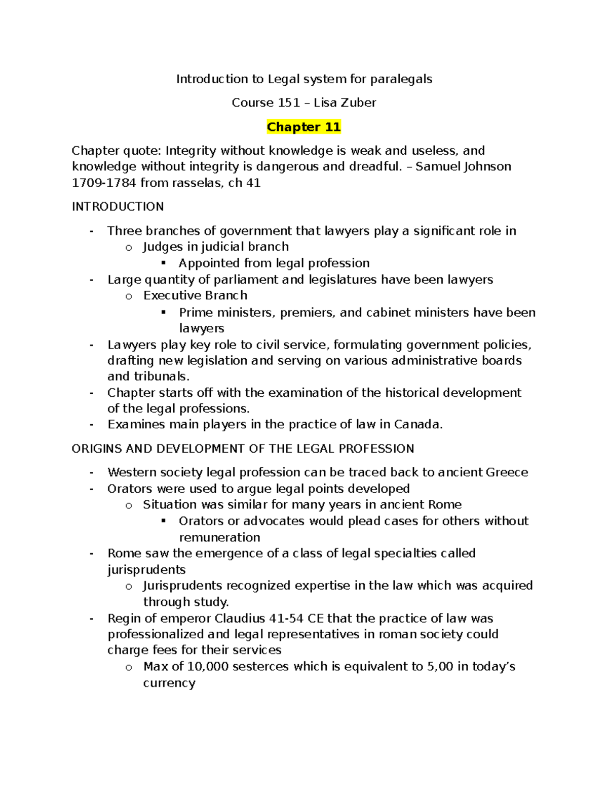 151 notes from textbook - Introduction to Legal system for paralegals ...