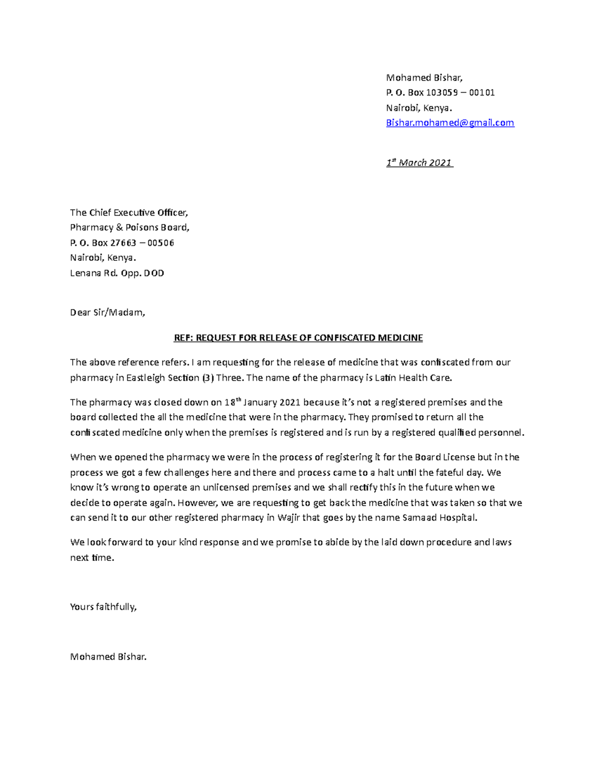 Pharmacy Letter - Lecture notes 3,3 - Mohamed Bishar, P. O. Box 103059 ...