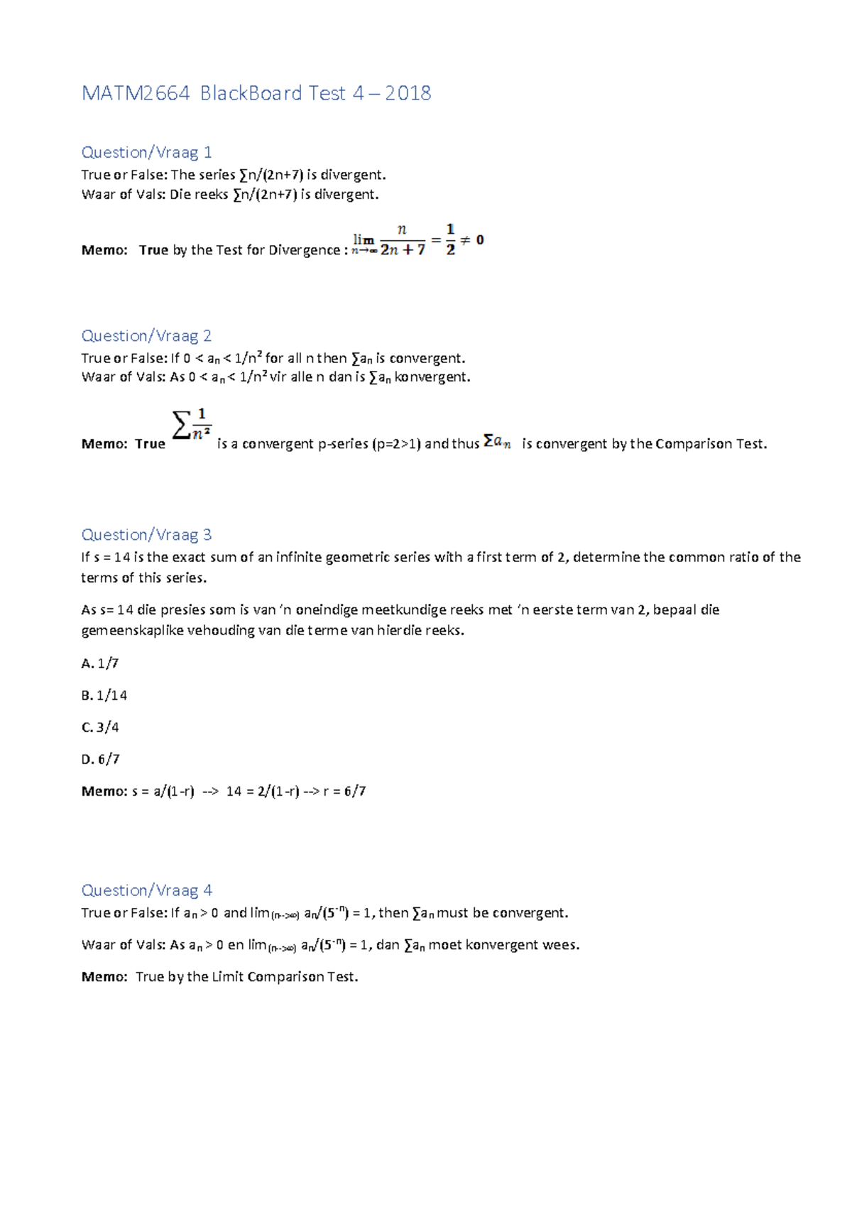 MATM2664 BB test 4 of 2018 - MATM2664 BlackBoard Test 4 – 2018 Question ...