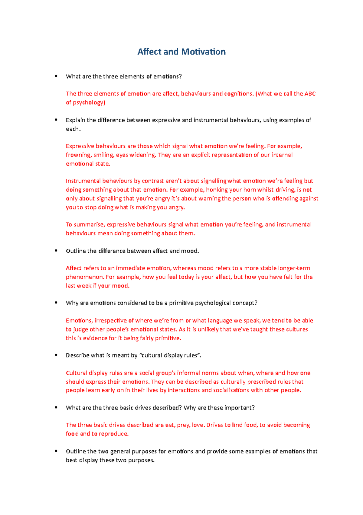 Week 3 - Affect and Motivation - Affect and Motivation What are the ...