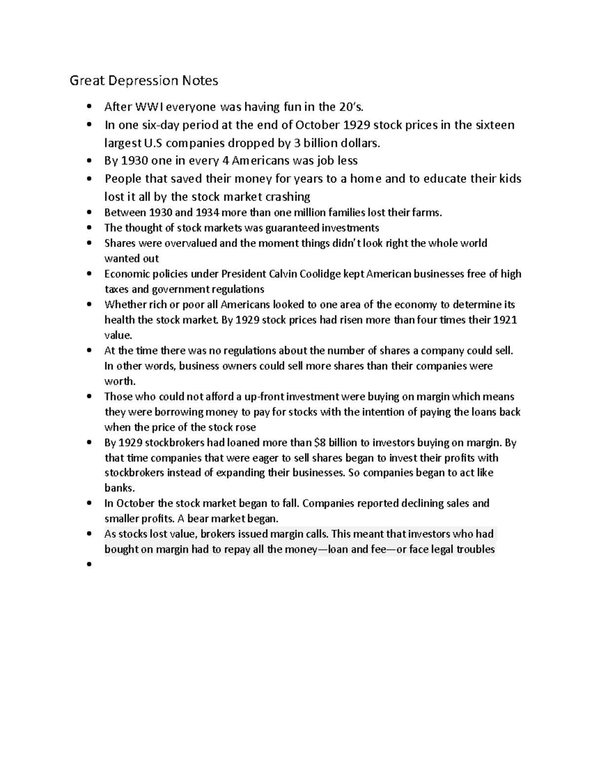 Great Depression Notes - In one six-day period at the end of October ...
