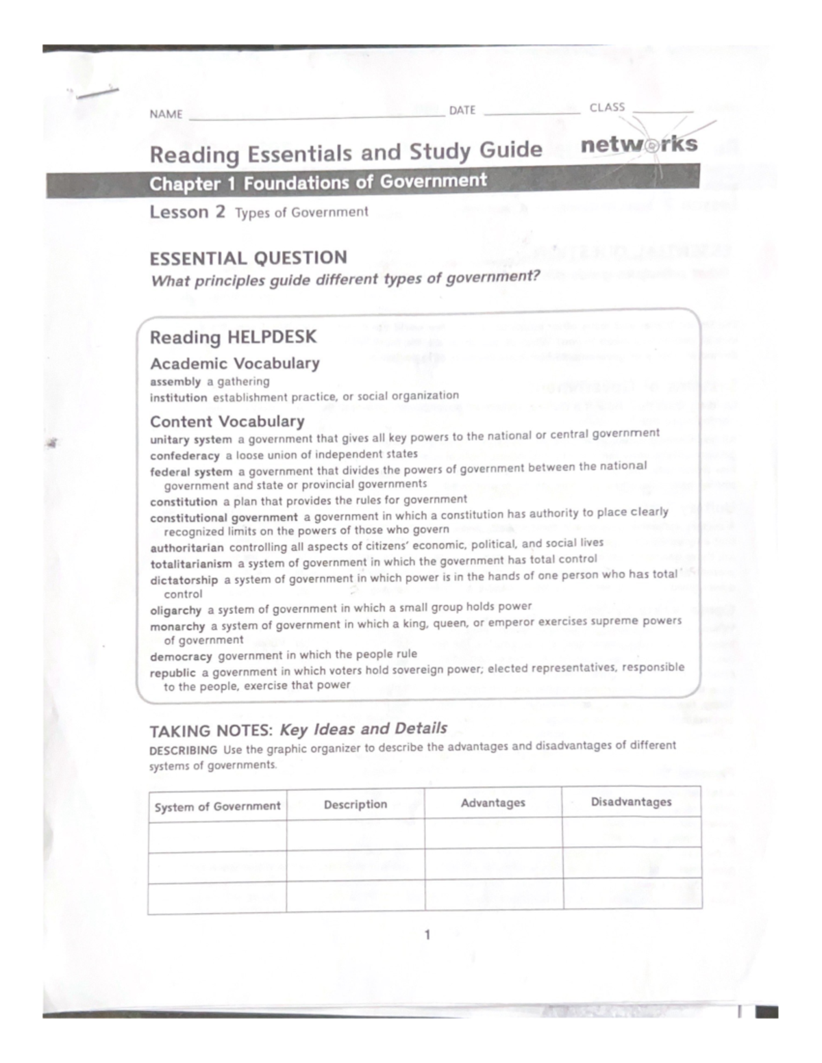 Reading Essentials and Study Guide - System of Government Description ...