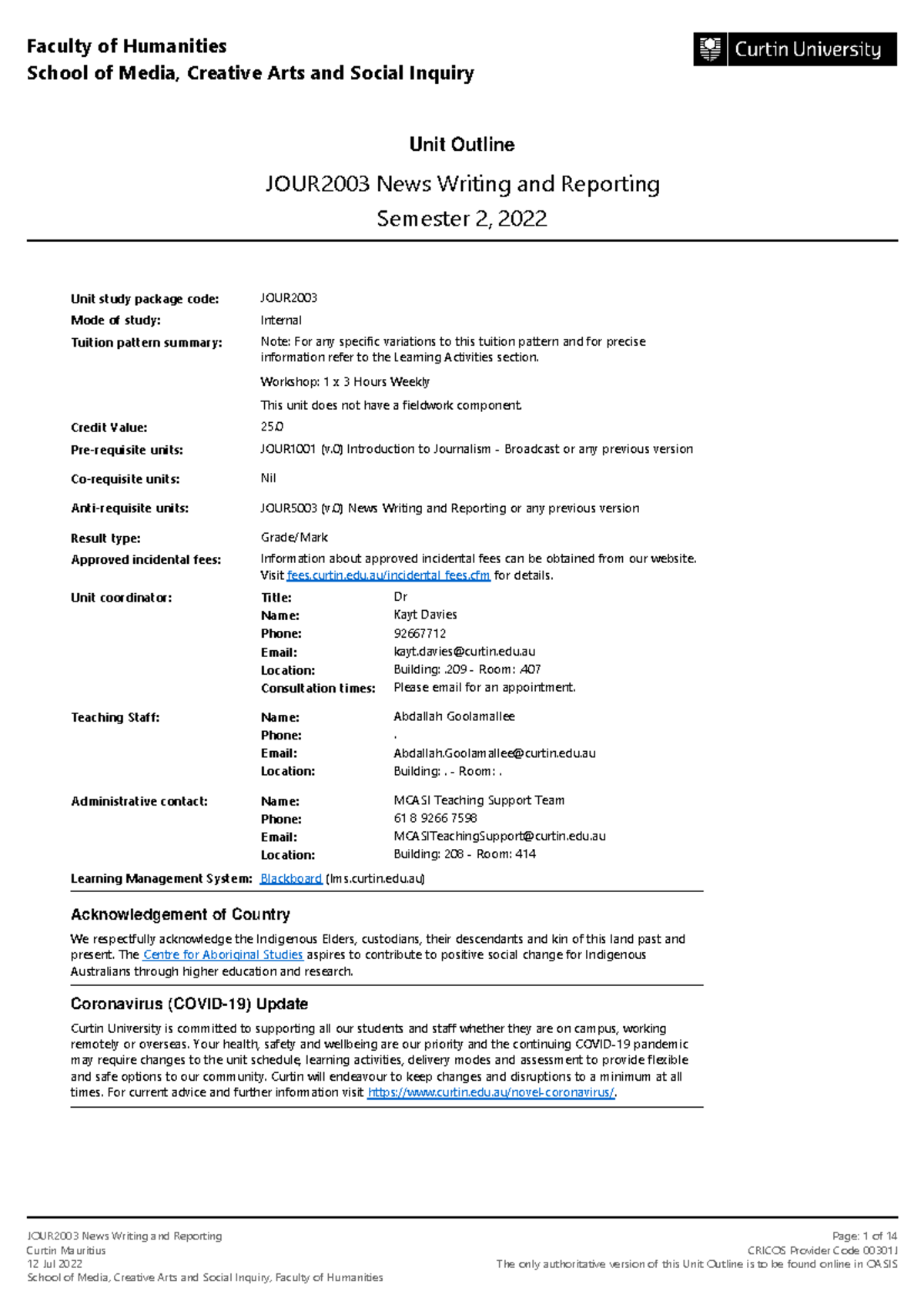 JOUR2003 News Writing and Reporting Semester 2 2022 Curtin Mauritius ...