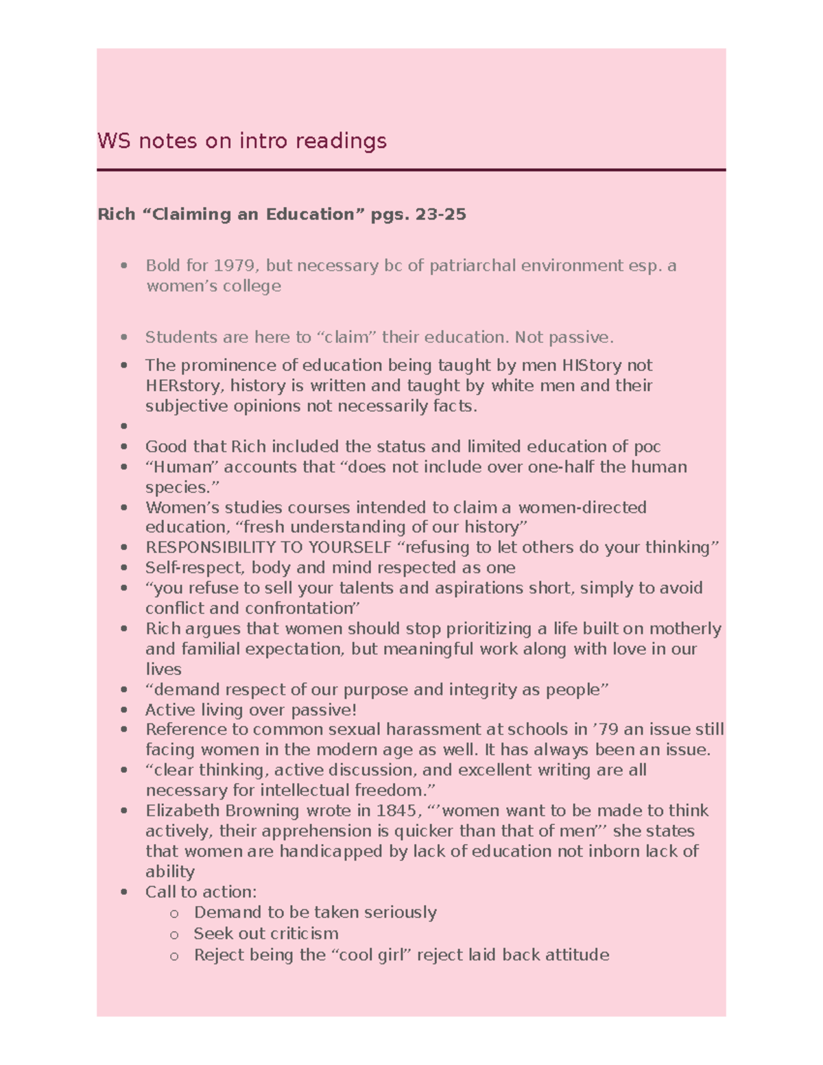 intro to women's studies notes - WS notes on intro readings Rich ...