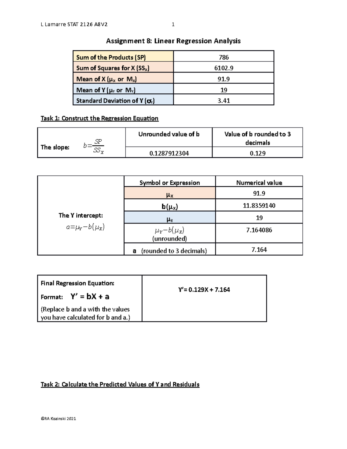 Assignment 8: Linear Regression Analysis - L Lamarre STAT 2126 A8V2 1 ...