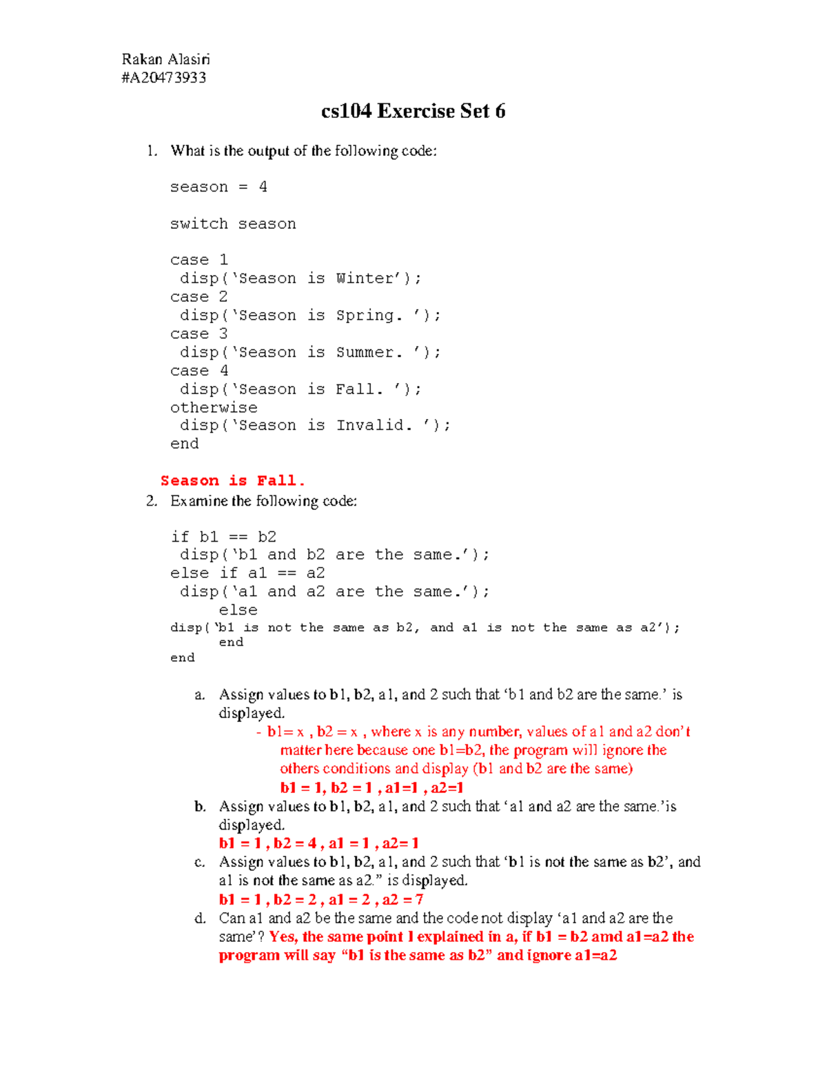 Lab Set Exercise 6 Rakan Alasiri A Cs104 Exercise Set 6 What Is The Output Of The Following