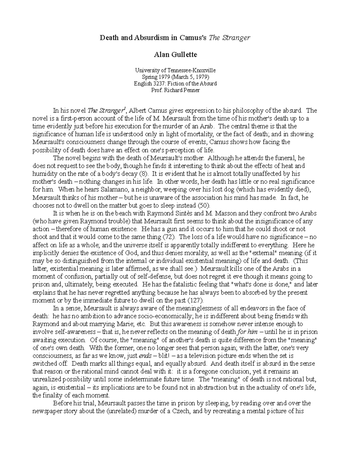 Death and Absurdism in Camus - Richard Penner In his novel The Stranger ...