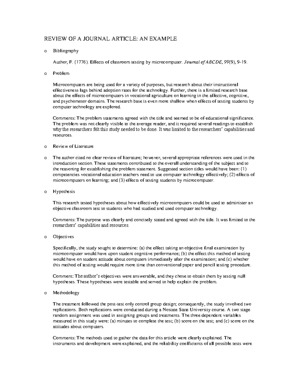 Journal Article Critique - REVIEW OF A JOURNAL ARTICLE: AN EXAMPLE o ...