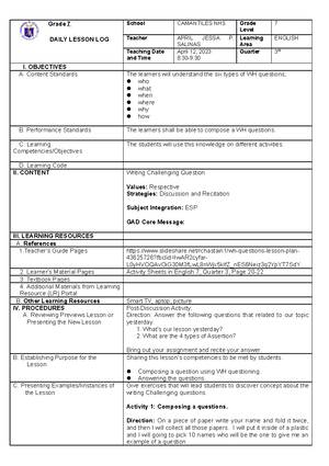 LP- Lesson-8 - Lesson Plan in English - Assessment: LESSON PLAN ...