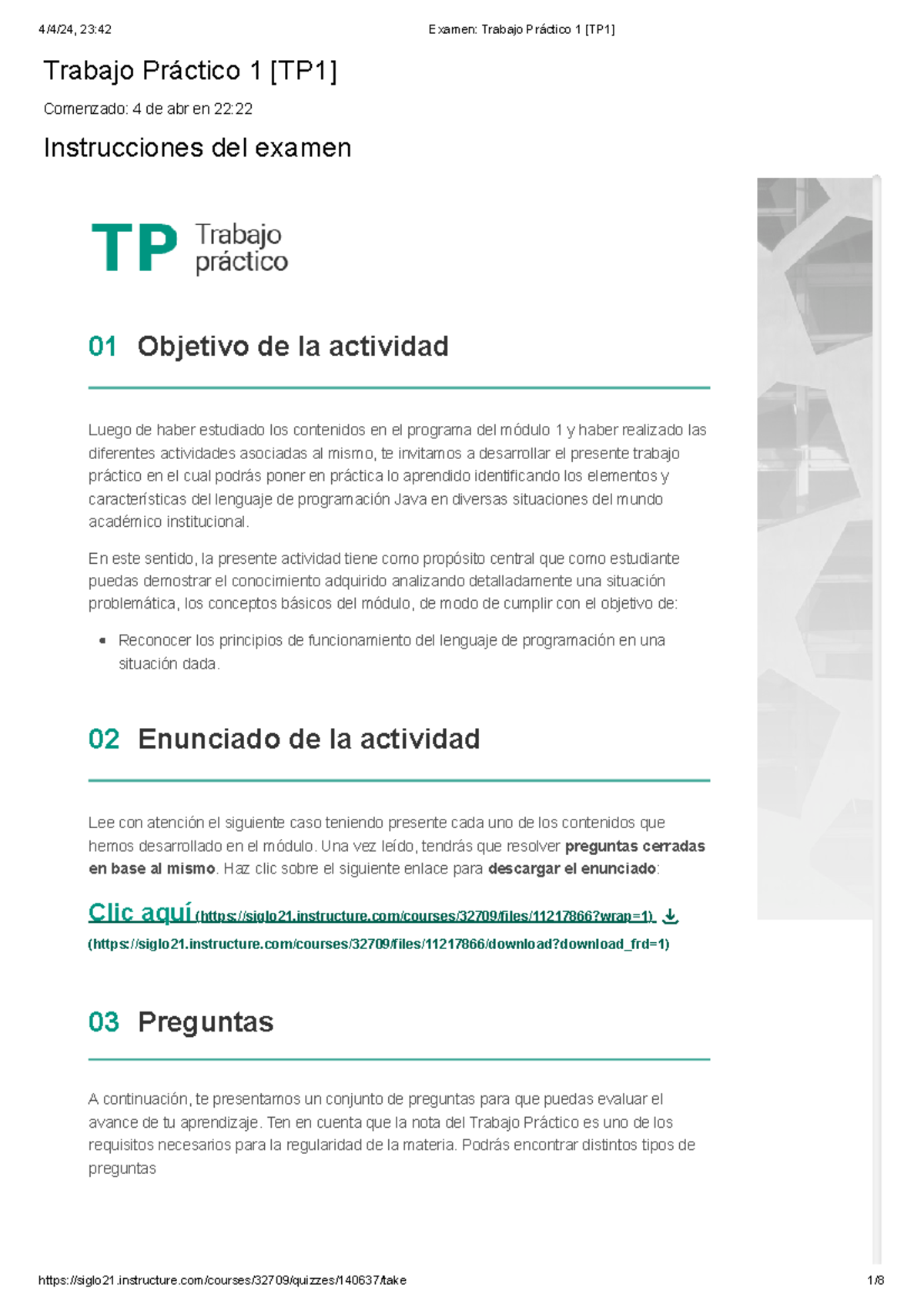 TAED TP1 95% - TAED TP1 95% - Trabajo Práctico 1 [TP1] Comenzado: 4 de abr en 22: Instrucciones ...
