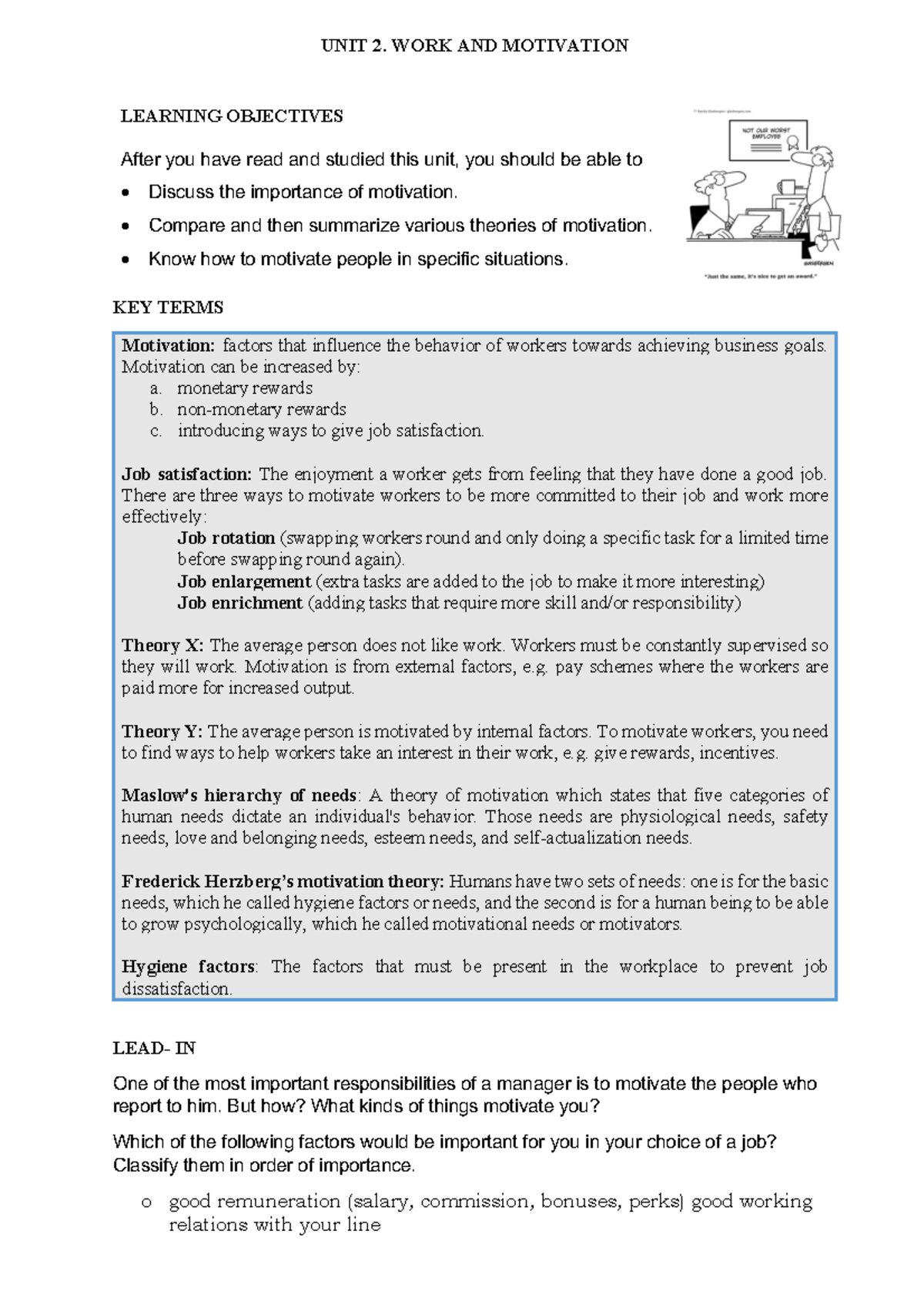 UNIT 2- Motivation - of cô Huyền - UNIT 2. WORK AND MOTIVATION LEARNING ...