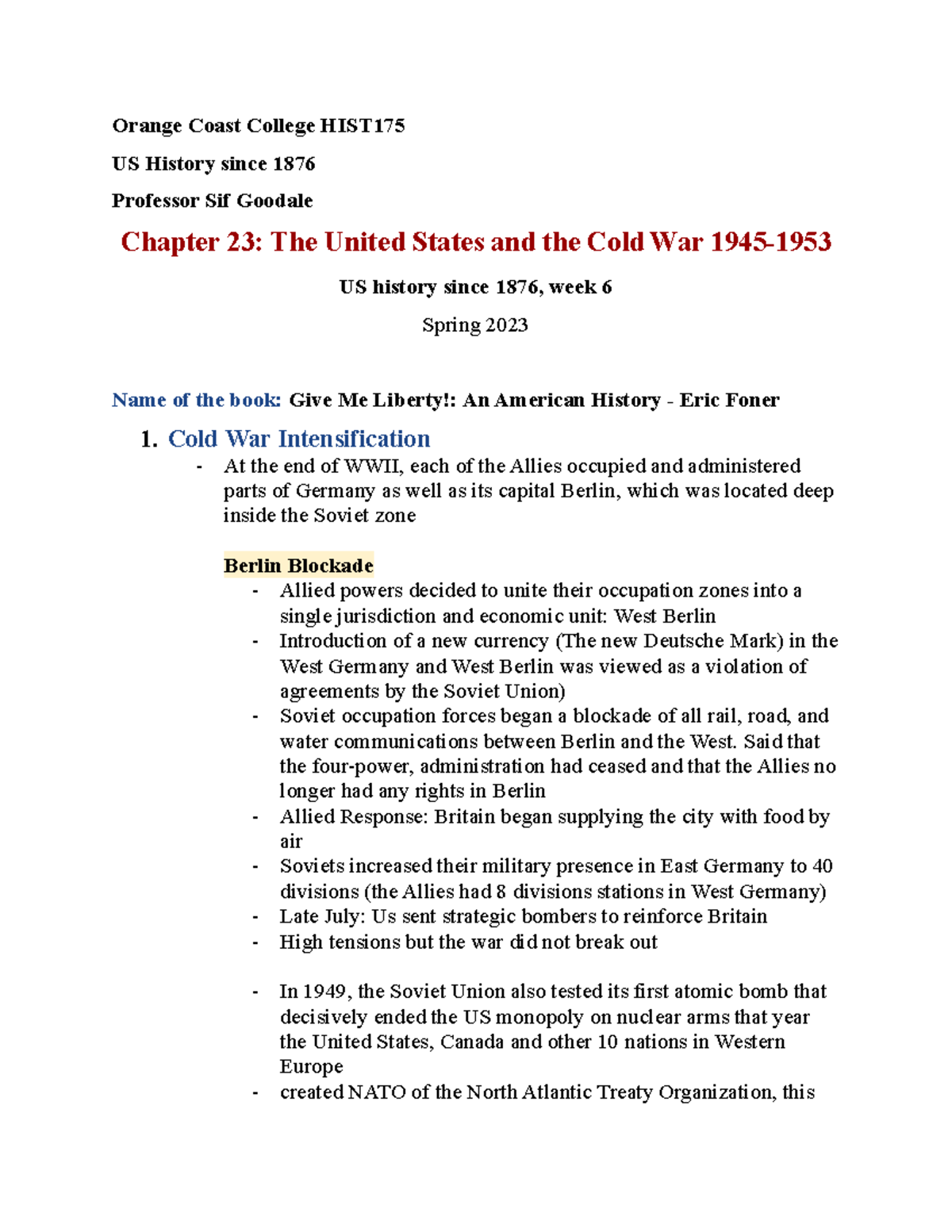 Chapter 23 The United States and the Cold War 1945-1953 - Orange Coast ...