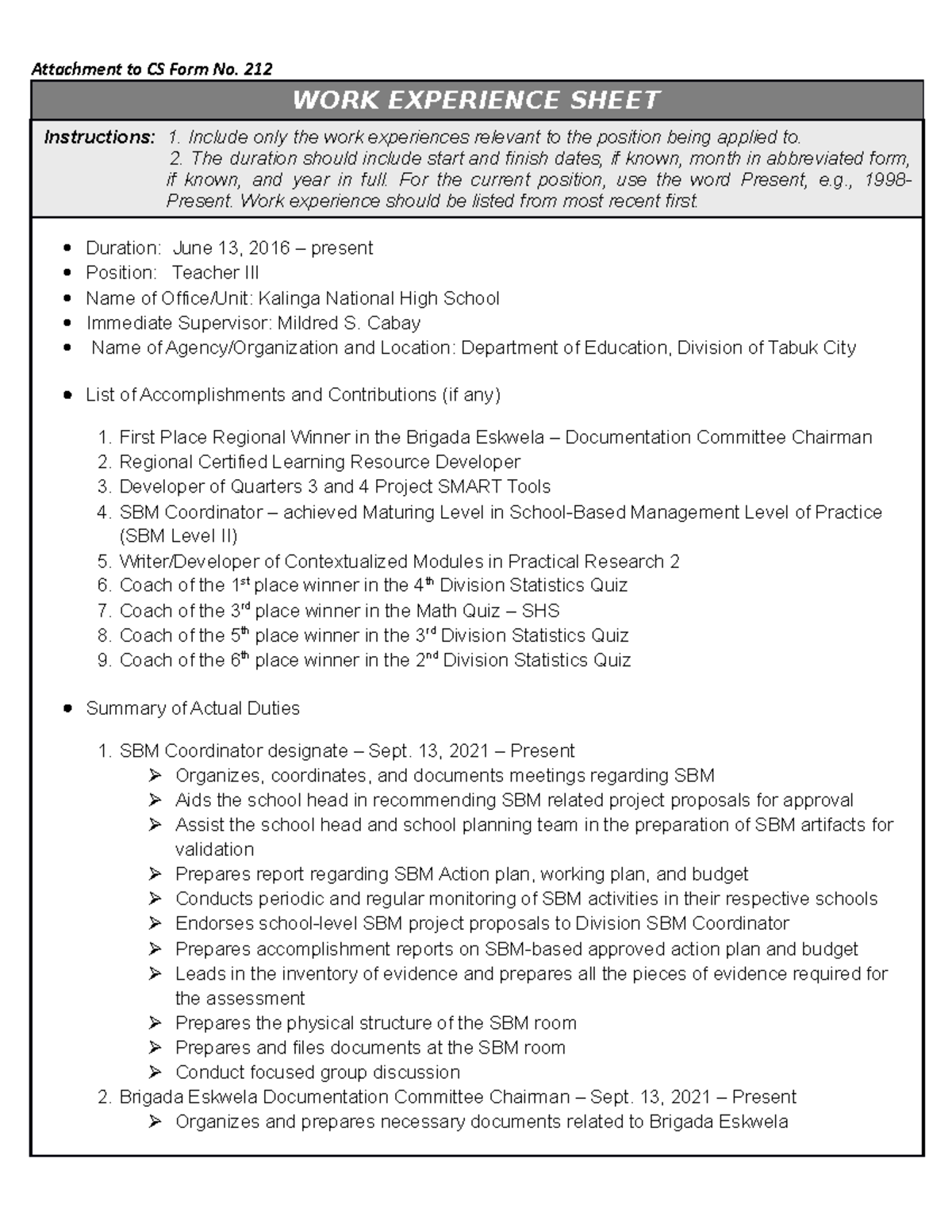 WORK- Experience- Sheet - Attachment to CS Form No. 212 WORK EXPERIENCE ...