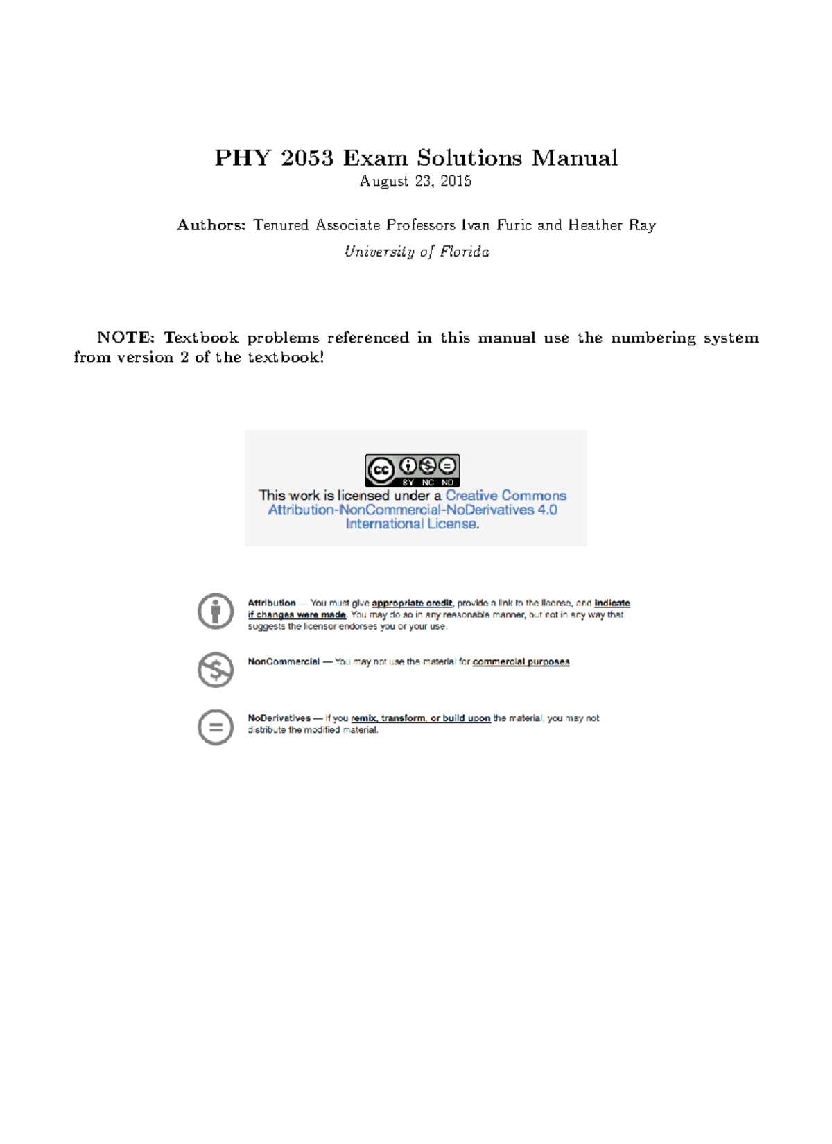 PHY2053 Review Book - PHY 2053 Exam Solutions Manual August 23, 2015 Authors:Tenured Associate ...