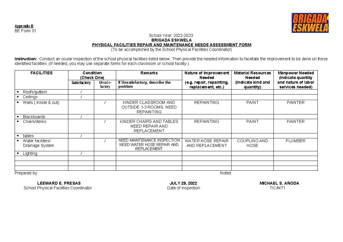 BE FORM 01-2019 - Brigada Eskwela Form 01 - BE Form 01 School Year ...