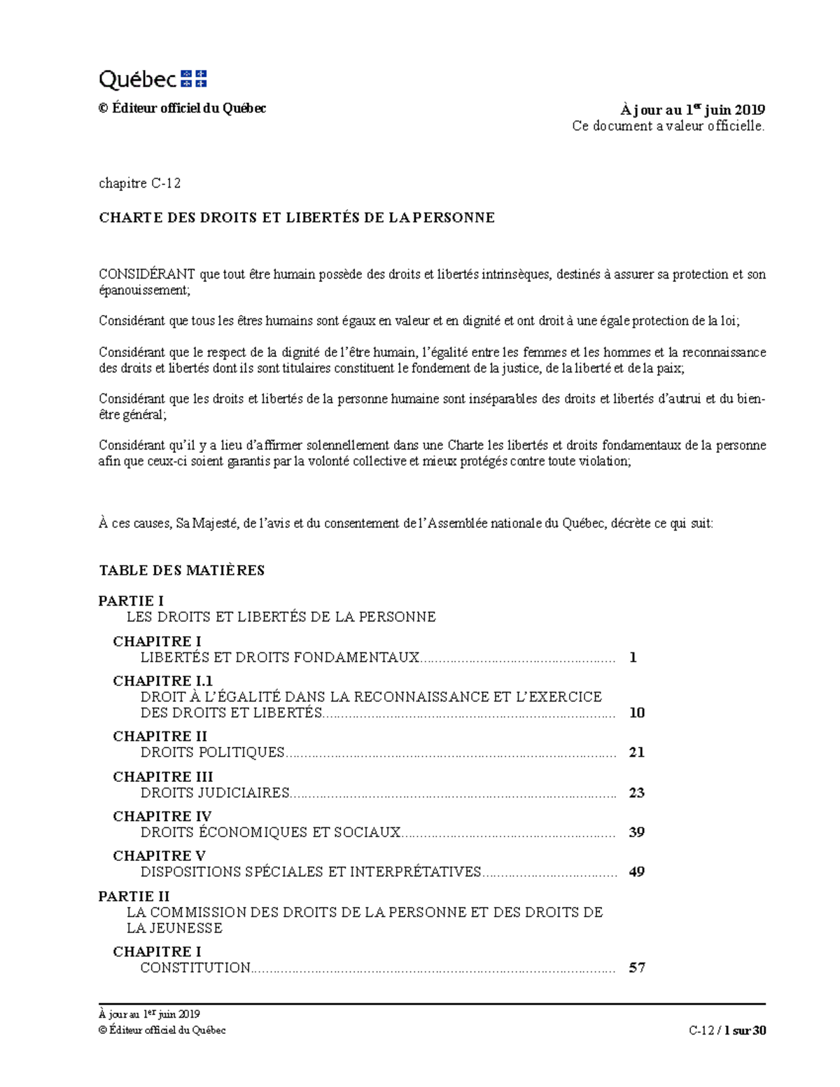 Charte des droits et libertés - chapitre C- CHARTE DES DROITS ET ...