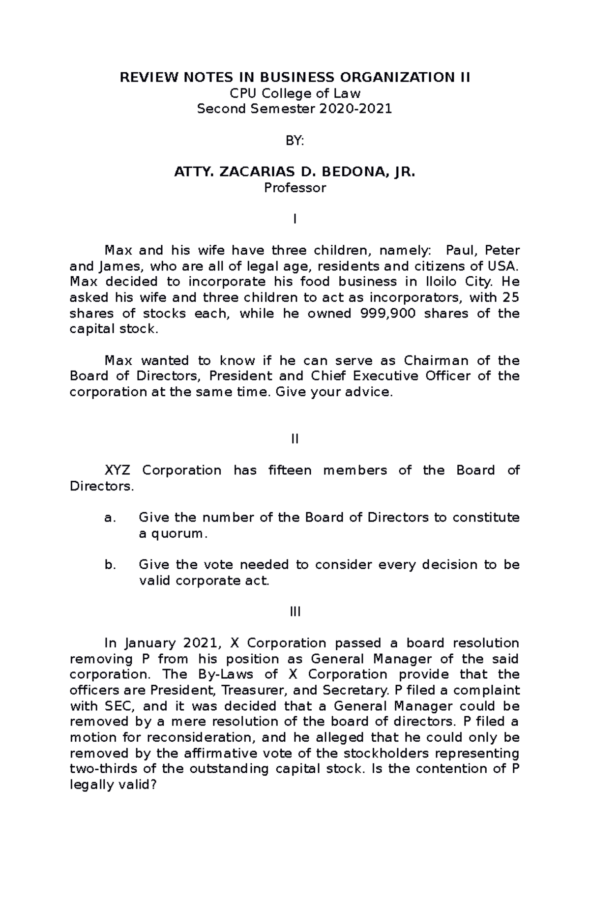 Review Notes IN Business Organization II 6 7 2021 - REVIEW NOTES IN ...