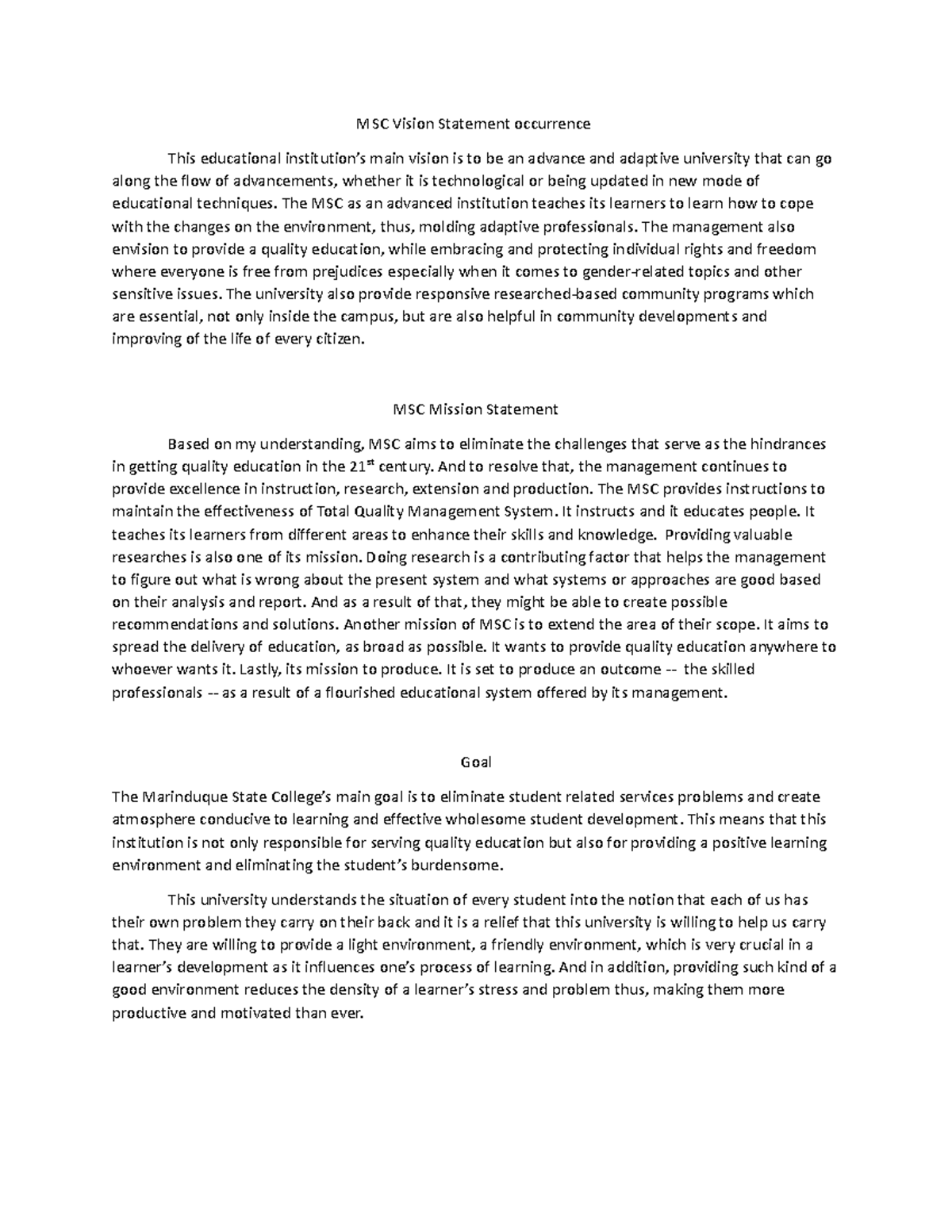 MSC Vision Statement - The MSC as an advanced institution teaches its ...