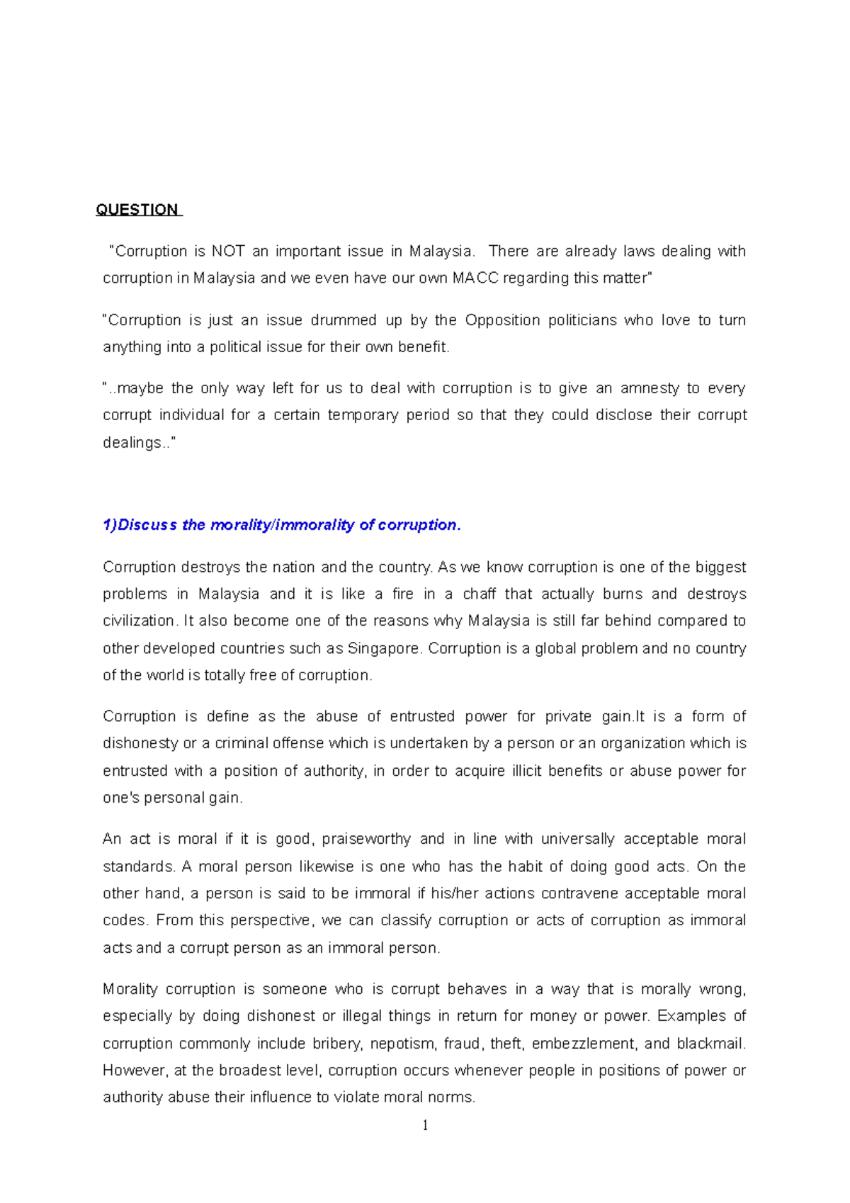 Doc STU 2 - Assignment on natural justice - QUESTION “Corruption is NOT ...