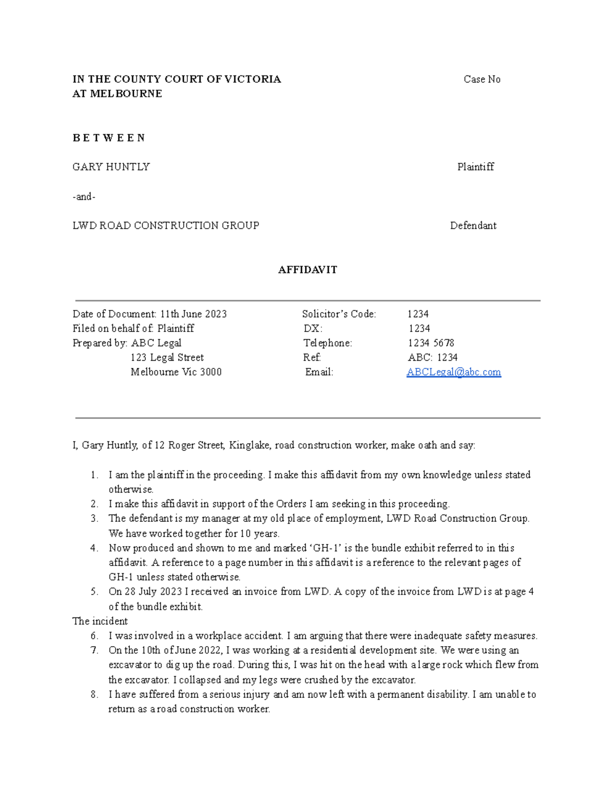 Affidavit - Tiarne - IN THE COUNTY COURT OF VICTORIA Case No AT ...
