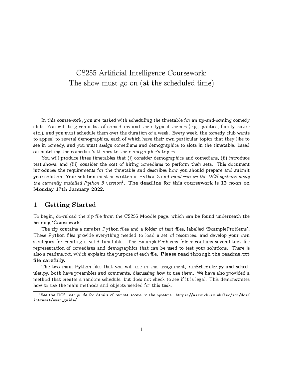 Handout for coursework - CS255 Artificial Intelligence Coursework: The show must go on (at the ...