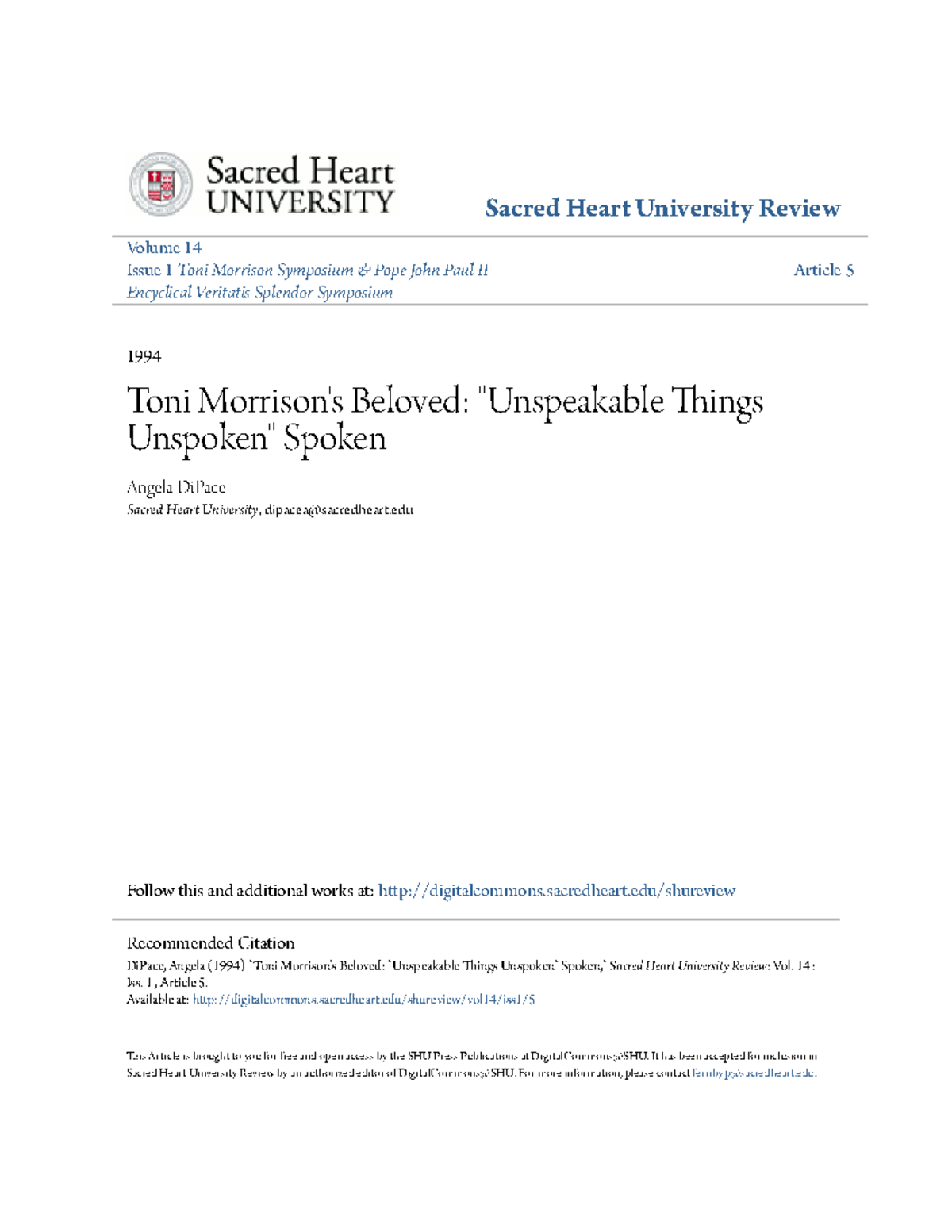 Toni Morrisons Beloved - Sacred Heart University Review Volume 14 Issue ...