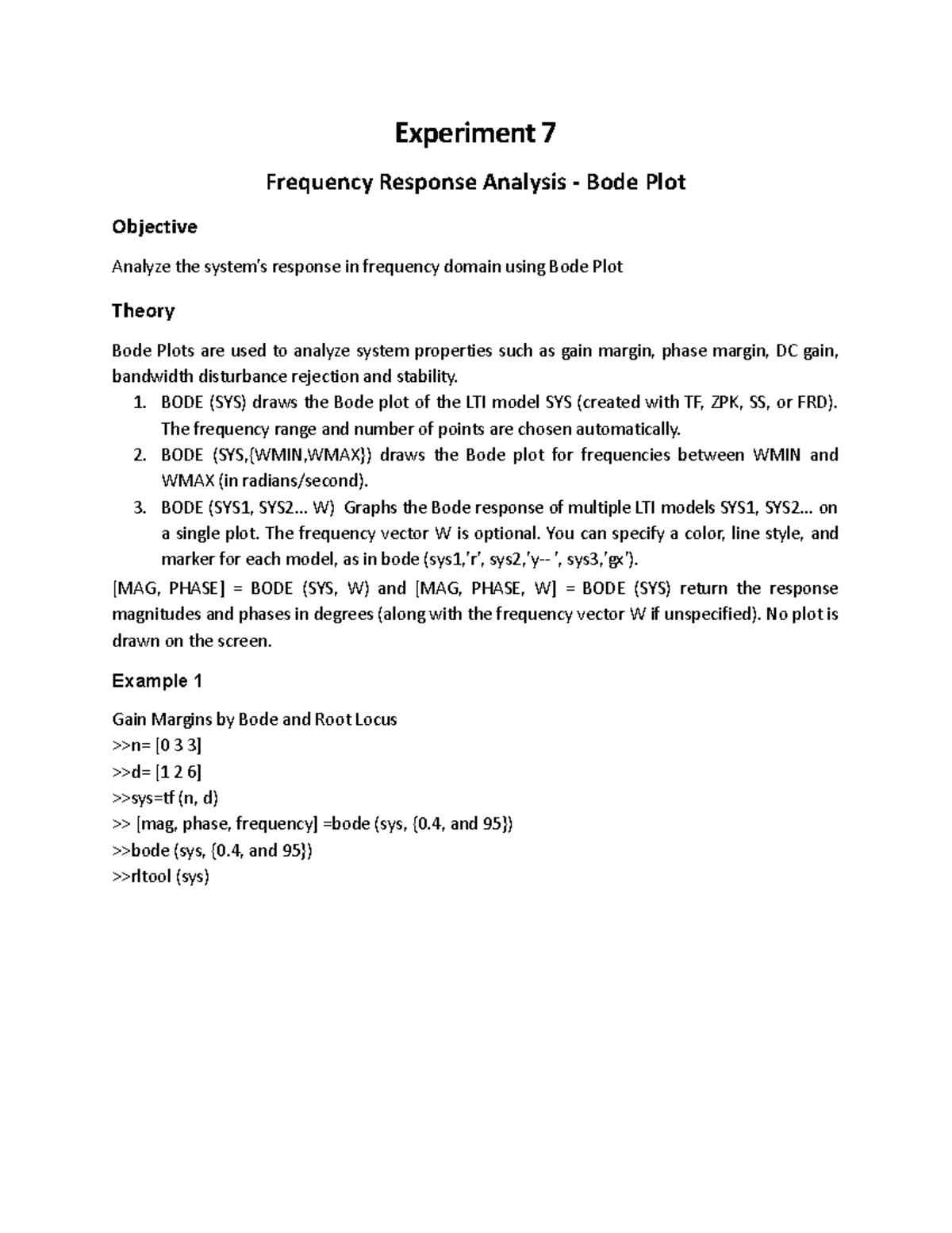 Experiment 7 1 Bode Sys Draws The Bode Plot Of The Lti Model Sys Created With Tf Zpk Ss