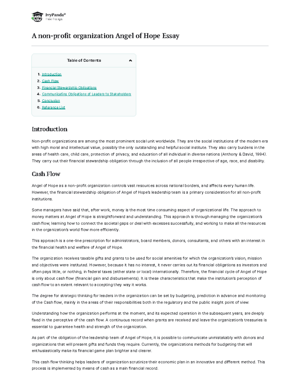 A non-profit organization Angel of Hope - 852 Words Essay Example - A ...