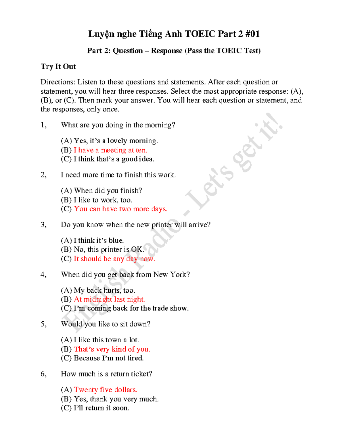 Transcript (Part 2 #01) - Luyện nghe Tiếng Anh TOEIC Part 2 Part 2 ...